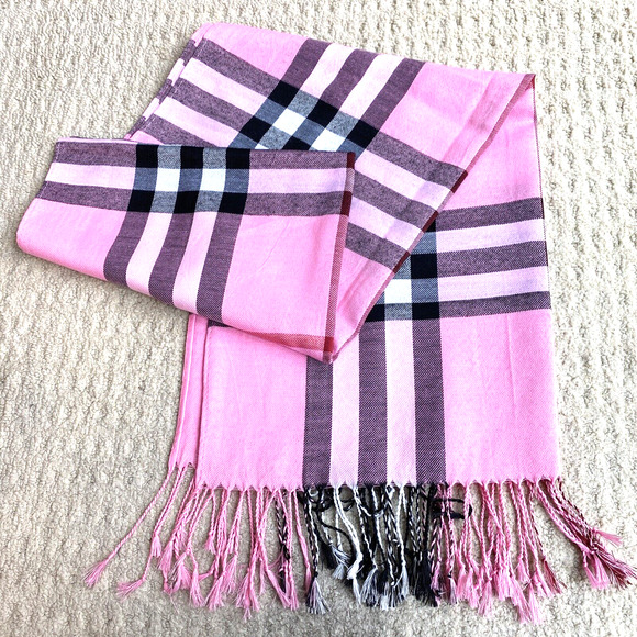 Accessories | Cold Weather Scarf Woven Fringed Pink Black Plaid Soft ...